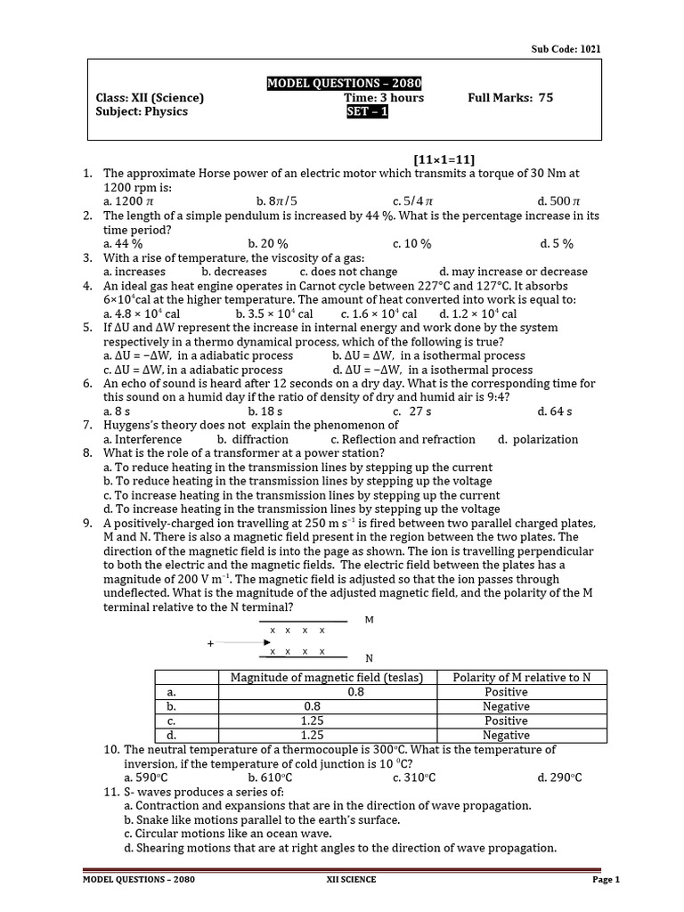 Physics Model Questions | PDF | Waves | Electron