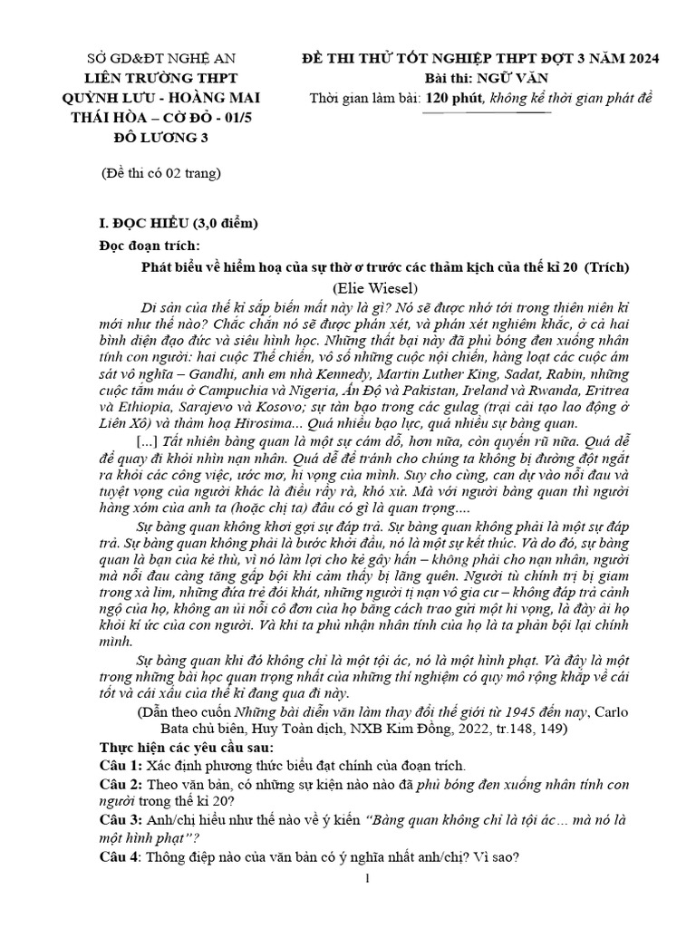 De Thi Thu Tot Nghiep THPT 2024 Mon Ngu Van Dot 3 Lien Truong THPT Nghe An | PDF