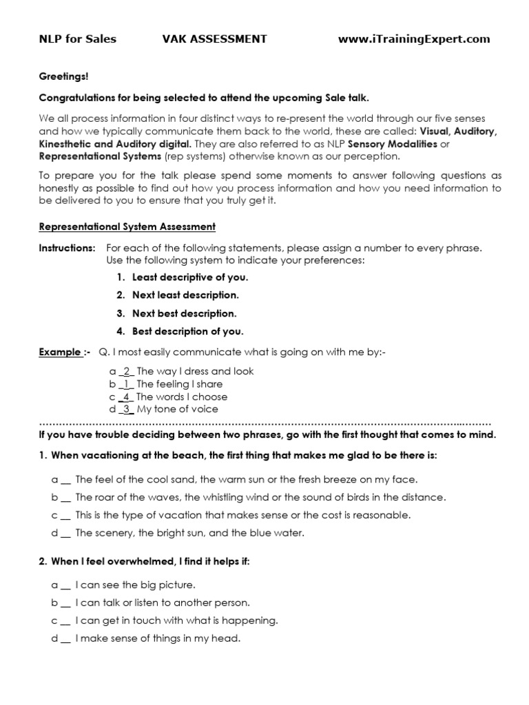 Vak Assessment For NLP Sales | PDF | Perception | Thought