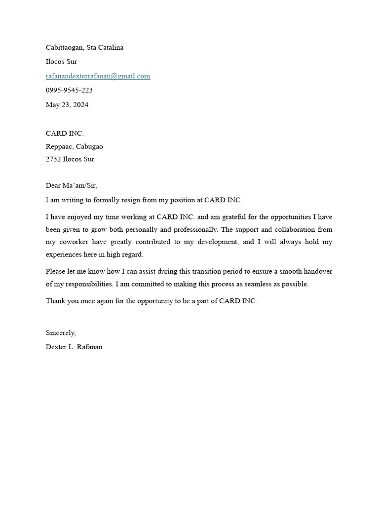 Resignation Letter from CARD INC. | PDF