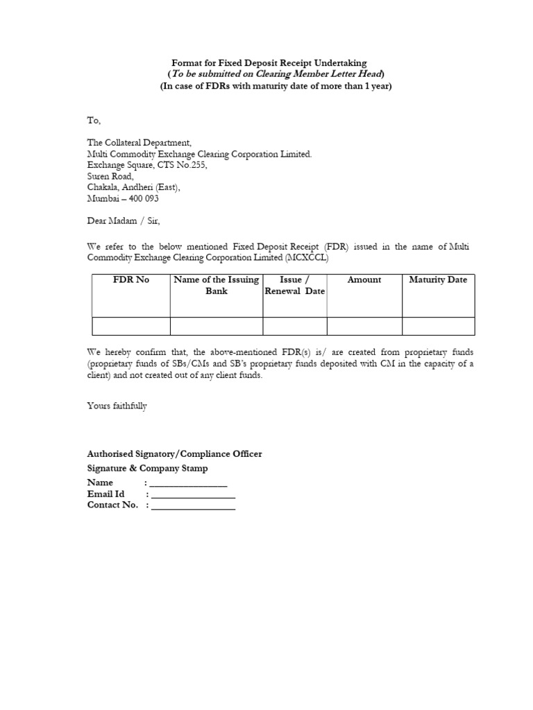 Format for Fixed Deposit Receipt Undertaking | PDF