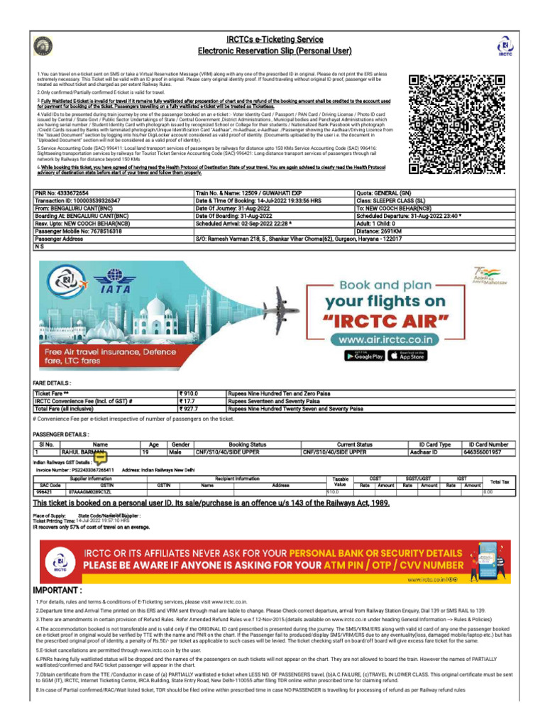 IRCTC e-Ticketing Guidelines and Info | PDF | Identity Document