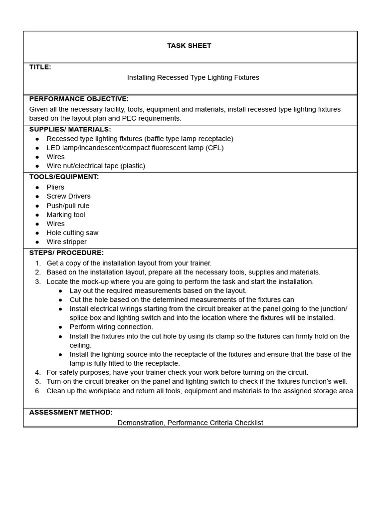 Task Sheet_Installing Recessed Type Lighting Fixtures | PDF | Lighting ...
