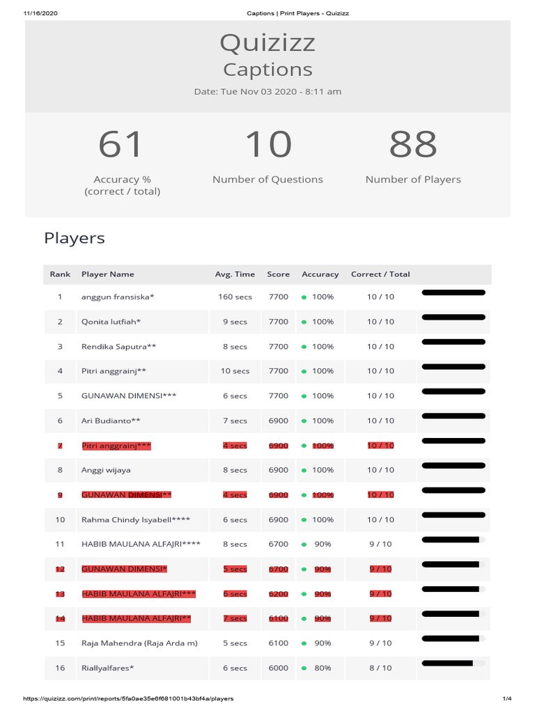 Captions - Print Players - Quizizz | PDF