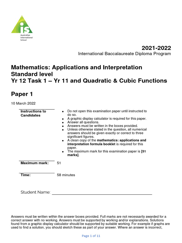 Yr 12 Task 1 Paper 1 2022 | PDF | Ph | Mathematics