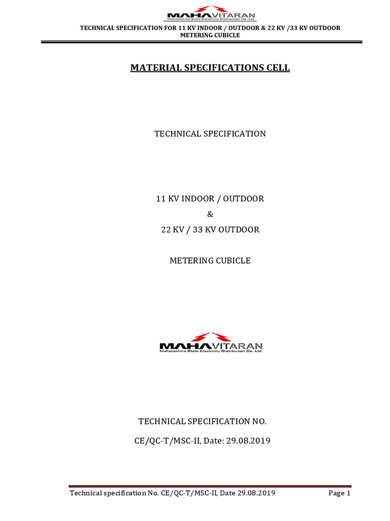 11/22/33 KV Metering Cubicle Specs | PDF | Insulator (Electricity ...
