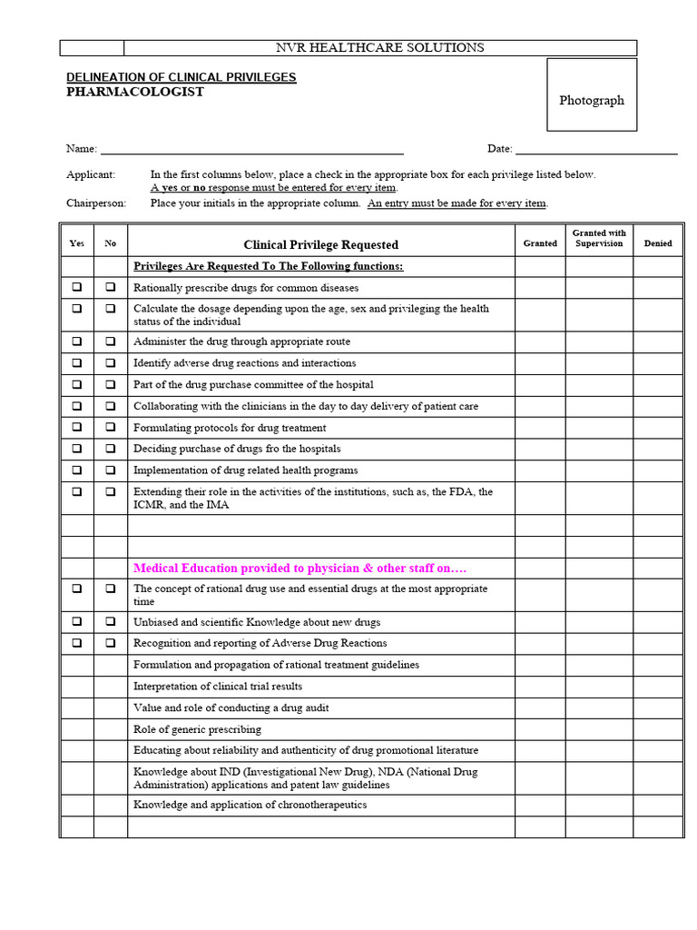 Pharmacologist Clinical Privileges Form | PDF | Clinical Trial | Medical Treatments
