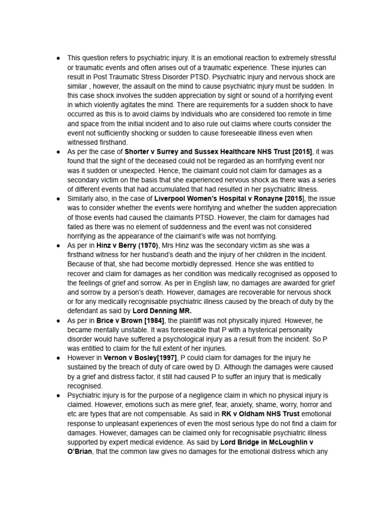 Psychiatric Injury | PDF | Negligence | Damages