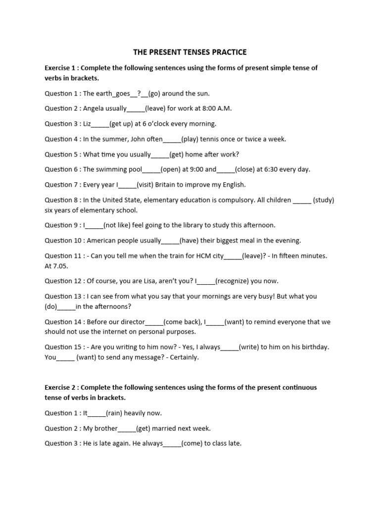 Present Tense Practice Exercises | PDF | Question