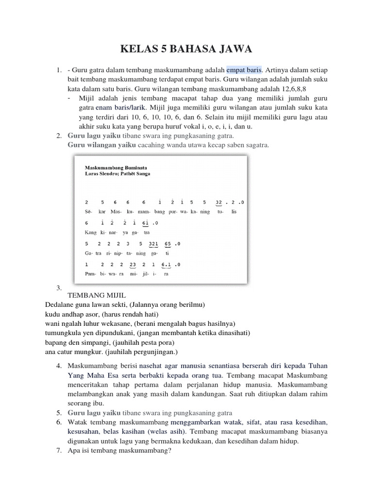 Kelas 5 Bahasa Jawa Kumer 2024 Sem2 | PDF