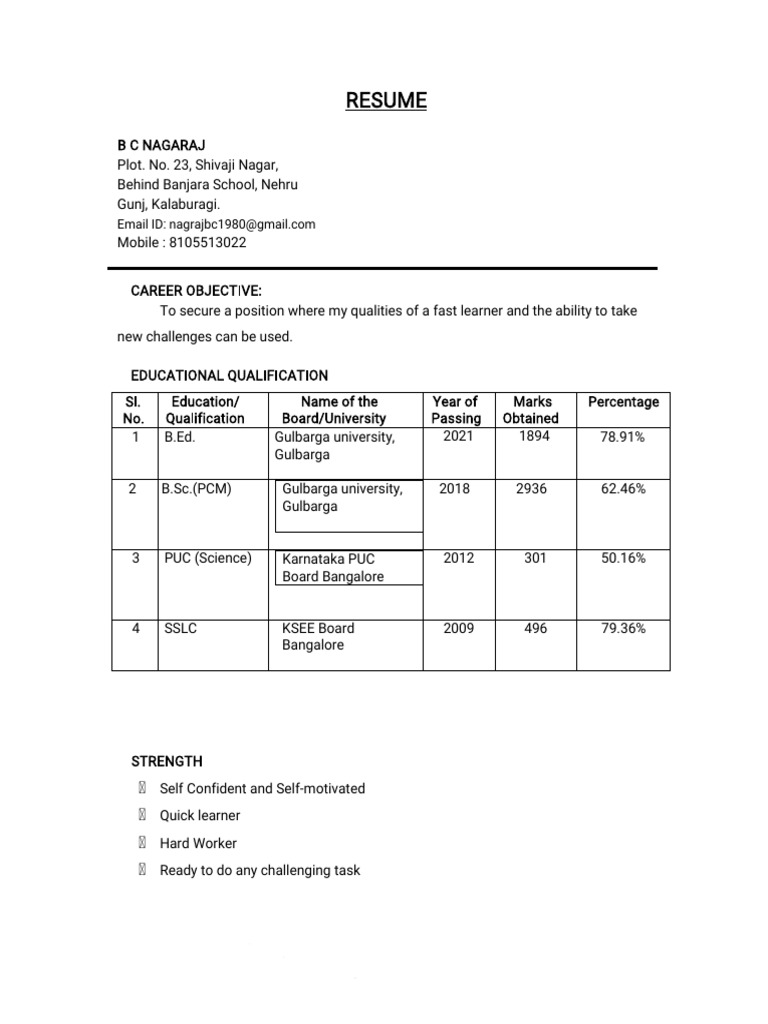 Resume of BC Nagaraj | PDF