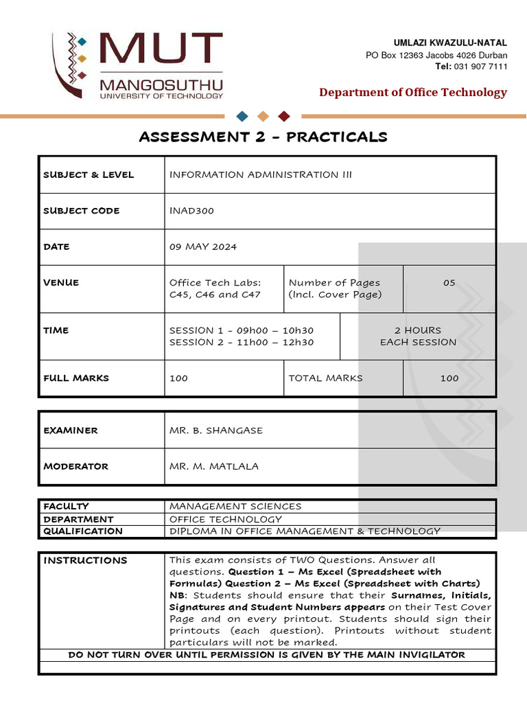 Test Ms Excel Question Paper 2024 | PDF | Chart | Spreadsheet