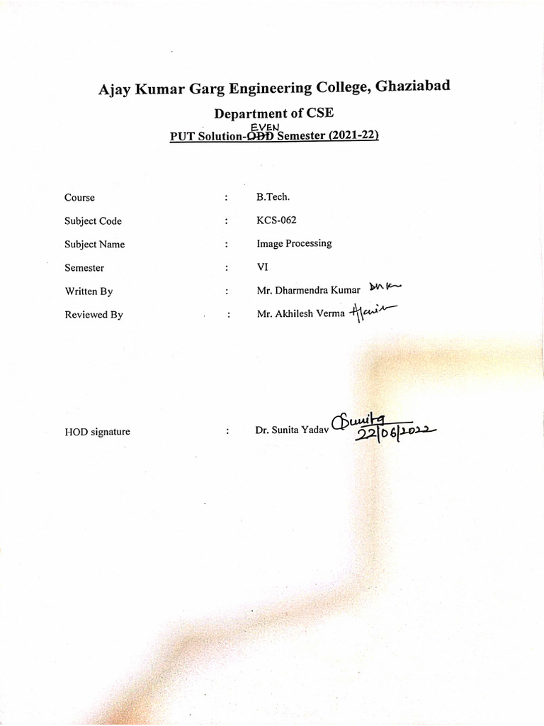 Image Processing KCS-062 PUT Sol Even 21-22 | PDF