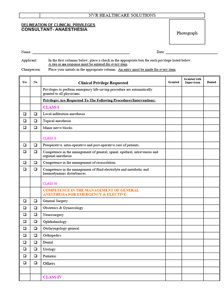 Clinical Privileges Form for Anaesthesia | PDF | Anesthesia | Surgery