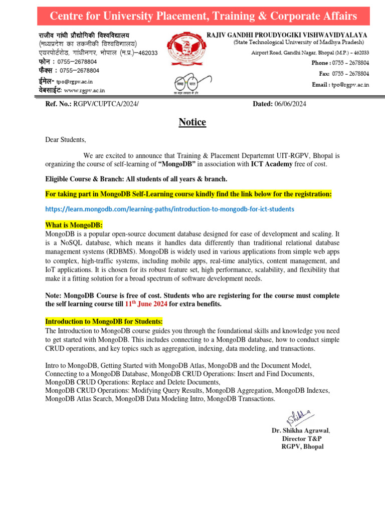 MongoDB Course by ICT - Notice | PDF | Mongo Db | Databases