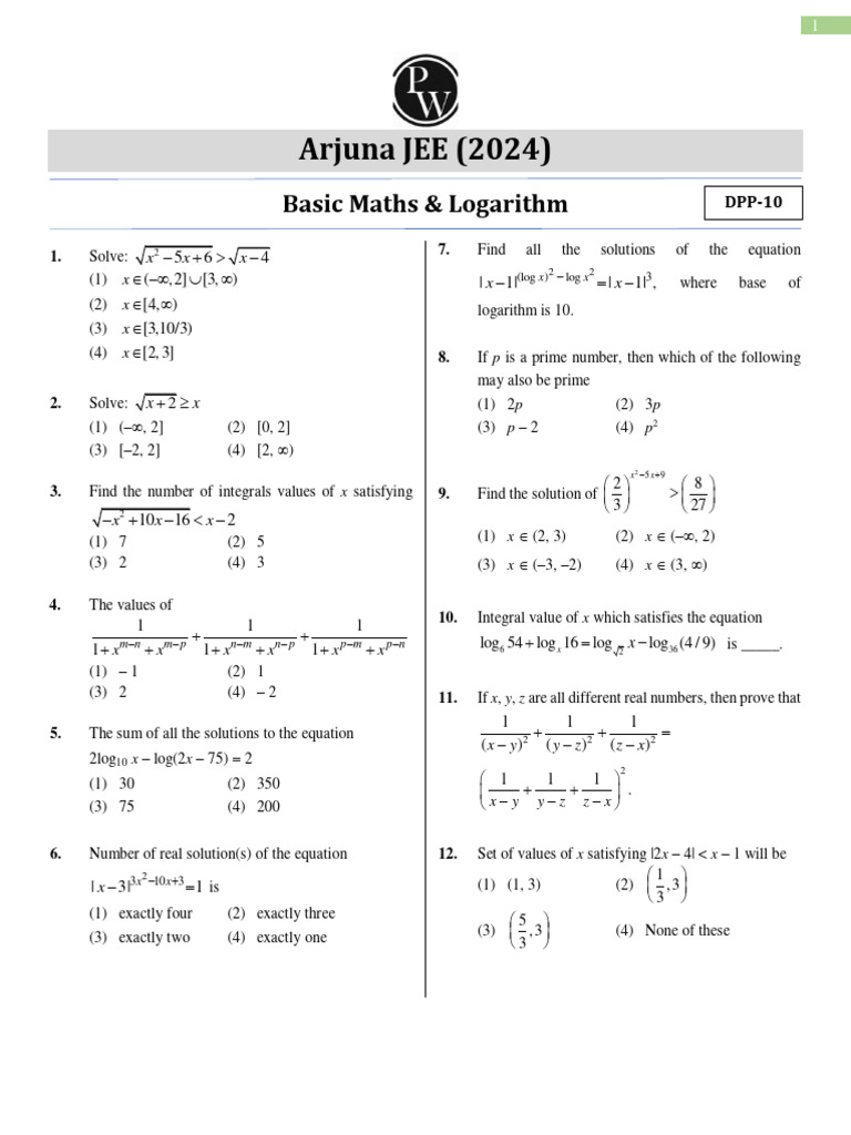 Log DPP 10 Arjuna Jee 2024 | PDF | Logarithm | Mathematical Objects
