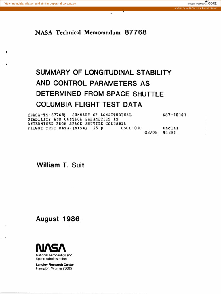 Summary of Longitudinal Stability and Control Parameters As Determined ...