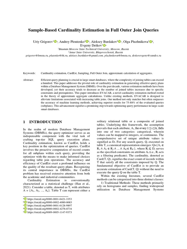 Sample Based Cardinality Estimation In Full Outer Join Queries Pdf Databases Relational