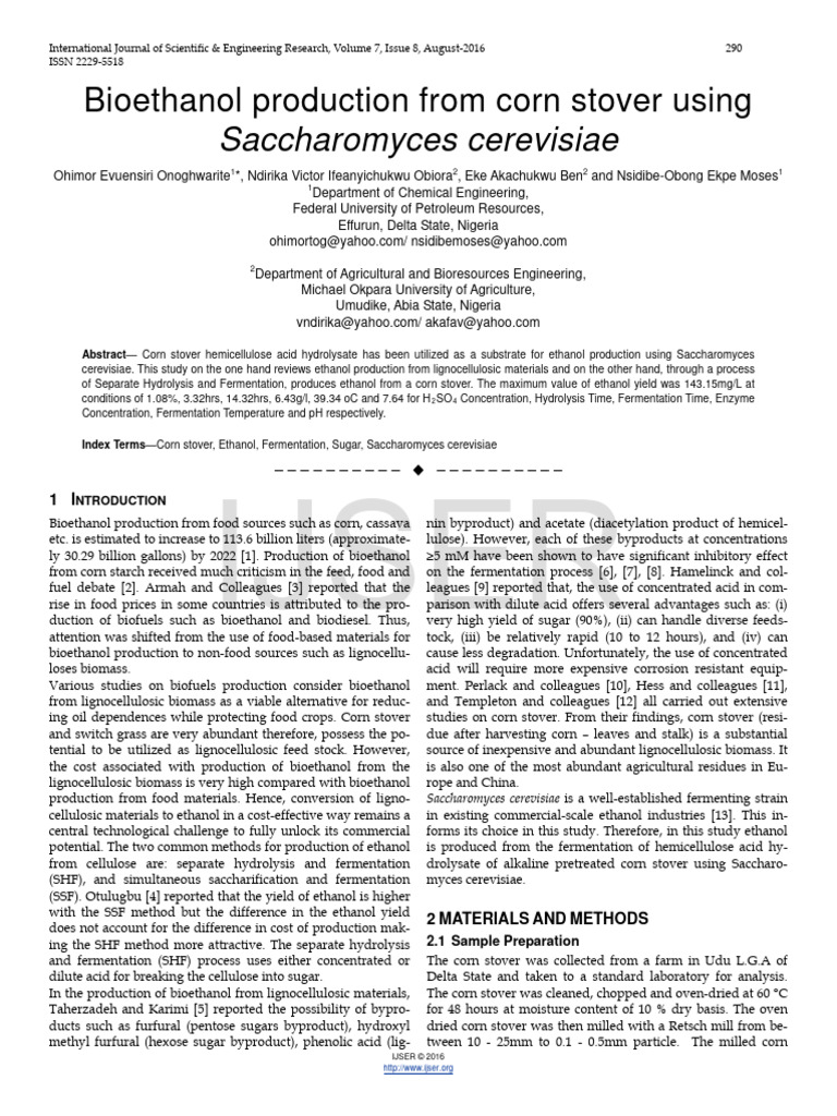 Bioethanol Production From Corn Stover Using Saccharomyces Cerevisiae | PDF | Gas Chromatography ...