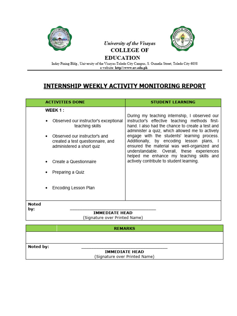 Internship Weekly Activity Monitoring Sheet | PDF | Learning | Lesson Plan