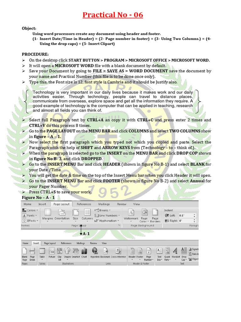 MS Word Practical # 06 (Using Header and Footer) | PDF