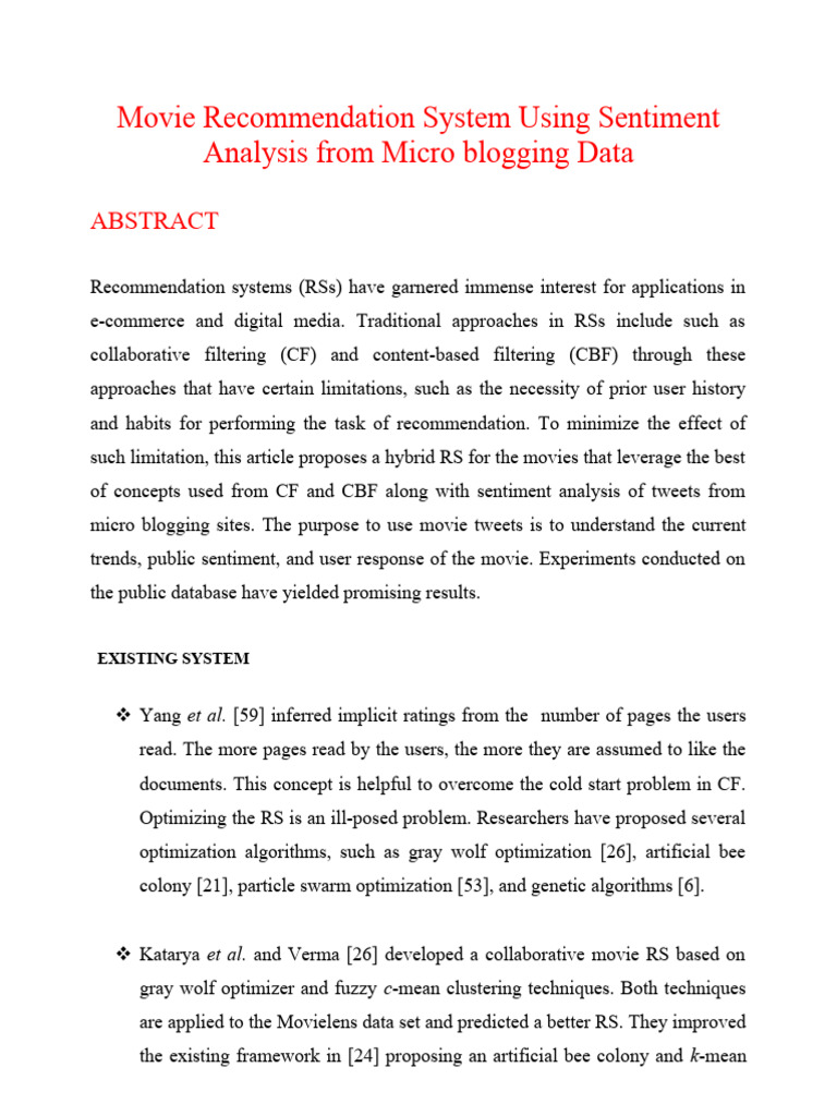 Movie Recommendation System Using Sentiment Analysis From Microblogging Data | PDF | Computing ...