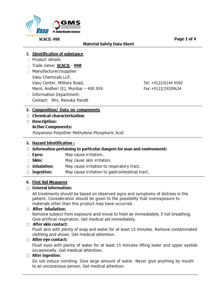 MSDS Scacil - 998 | PDF | Personal Protective Equipment | Safety