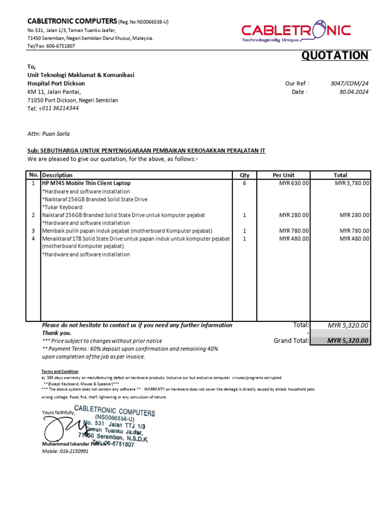 3047 Quotation for Hospital Port Dickson - Peyelenggaraan Komputer (1 ...