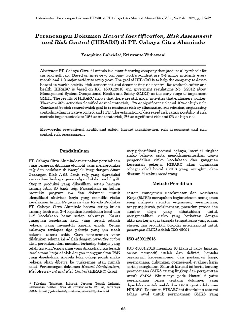 Perancangan Dokumen Hazard Identification Risk Assessment And Risk