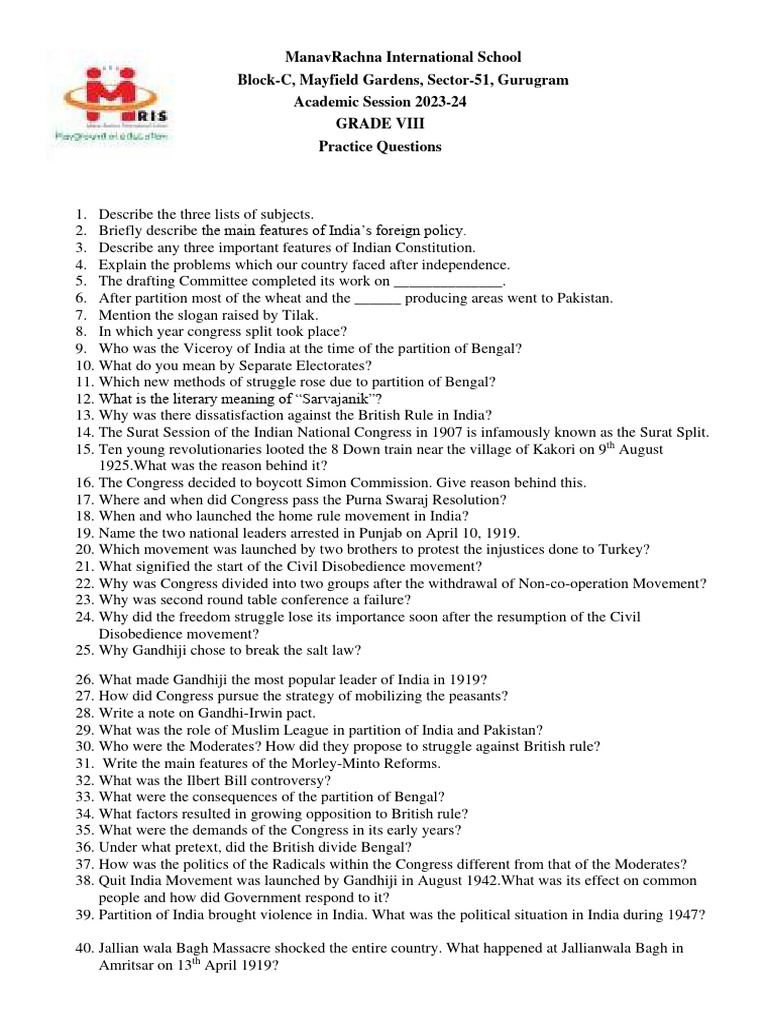 Grade 8 Social Science Practice Questions | PDF | Partition Of India ...