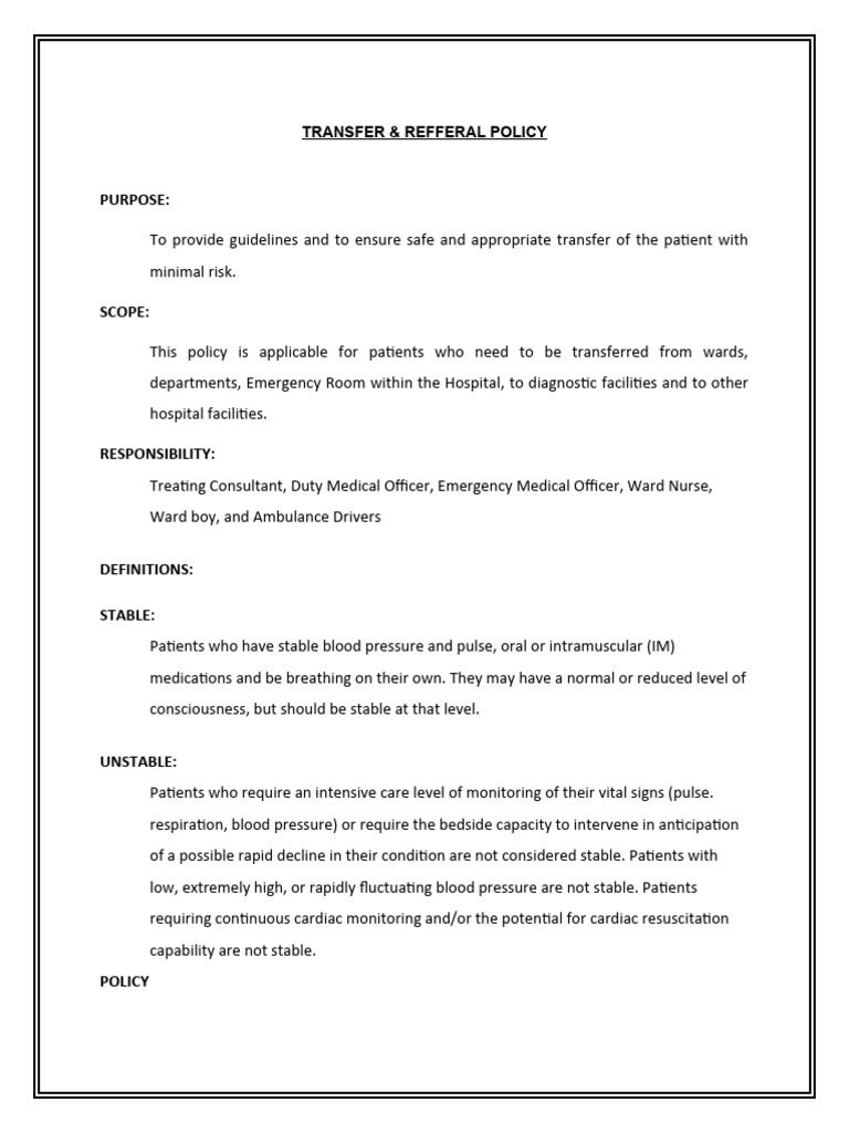 Aac 2b.policy On Patient Transfer | PDF | Intensive Care Unit | Emergency Department