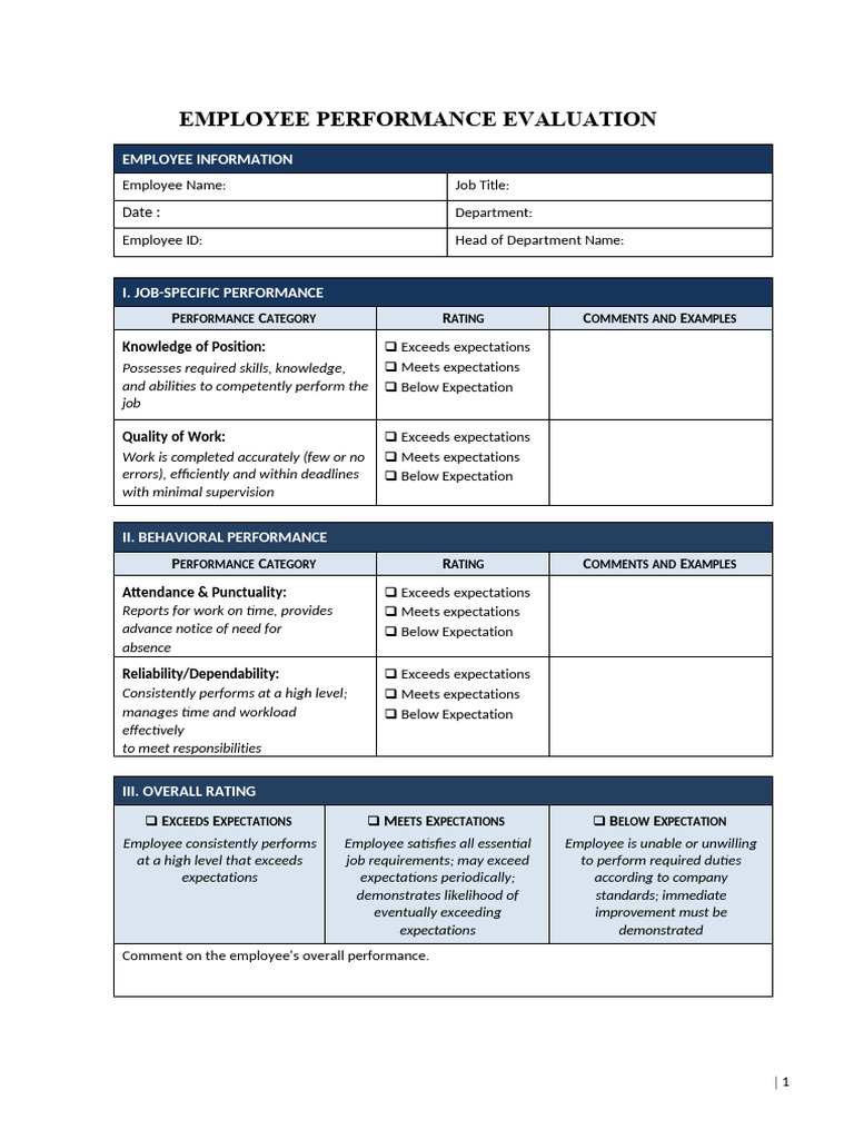 Employee Performance Evaluation Form | PDF | Performance Appraisal ...