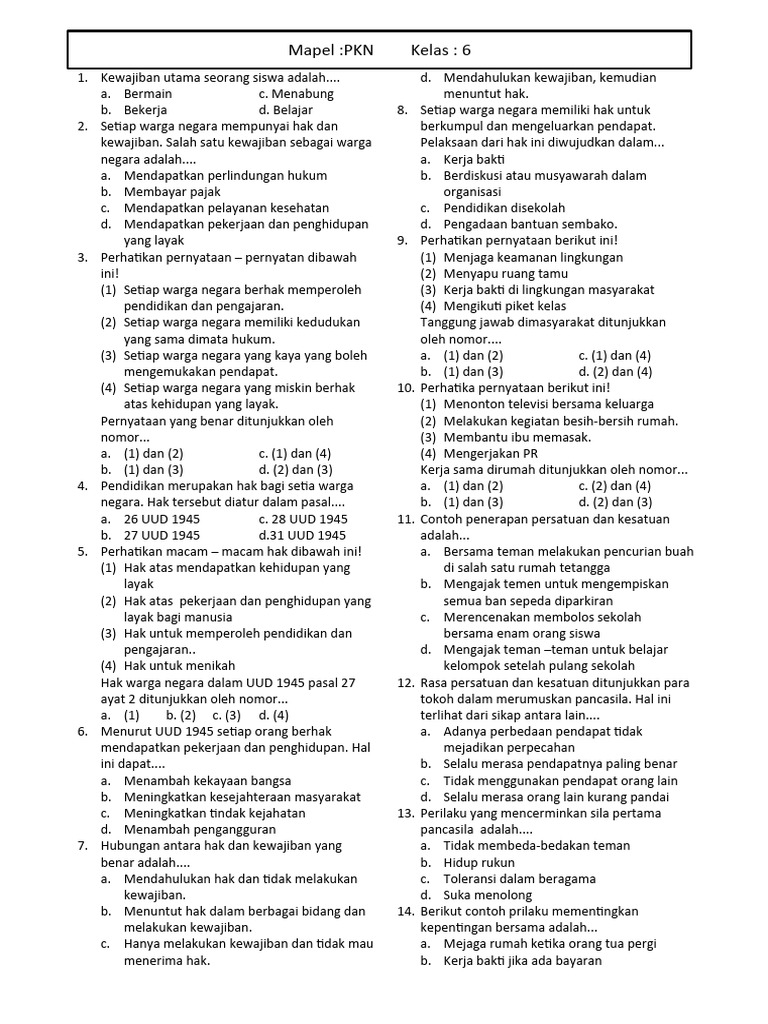 UJian PKN KELAS 6 | PDF