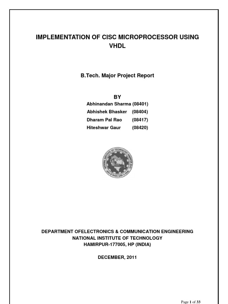 Implementation Of Cisc Microprocessor Using Vhdl Btech Major Project Report Pdf 