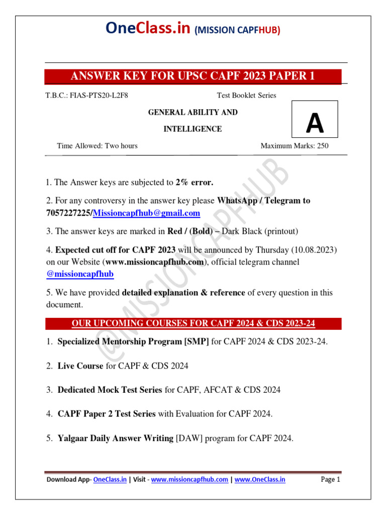 CAPF 2023 Paper 1 Answer Key by OneClassin MISSIONCAPFHUB Final 1 | PDF ...