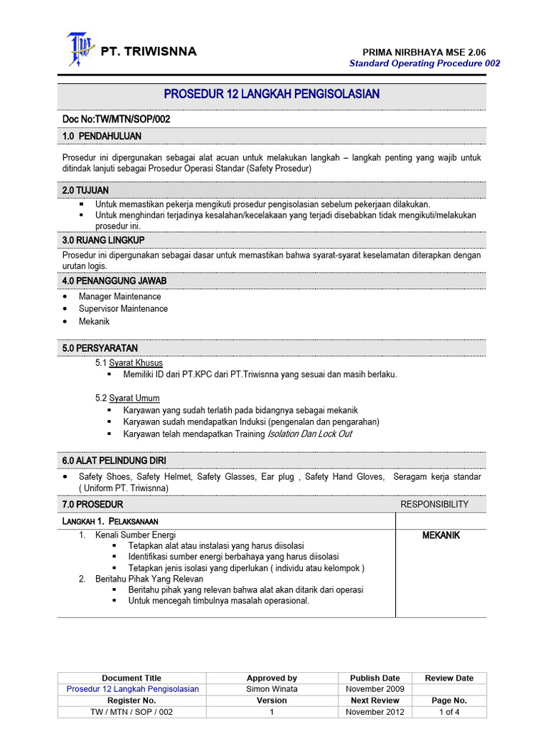 SOP 002 Prosedur 12 Langkah Pengisolasian | PDF
