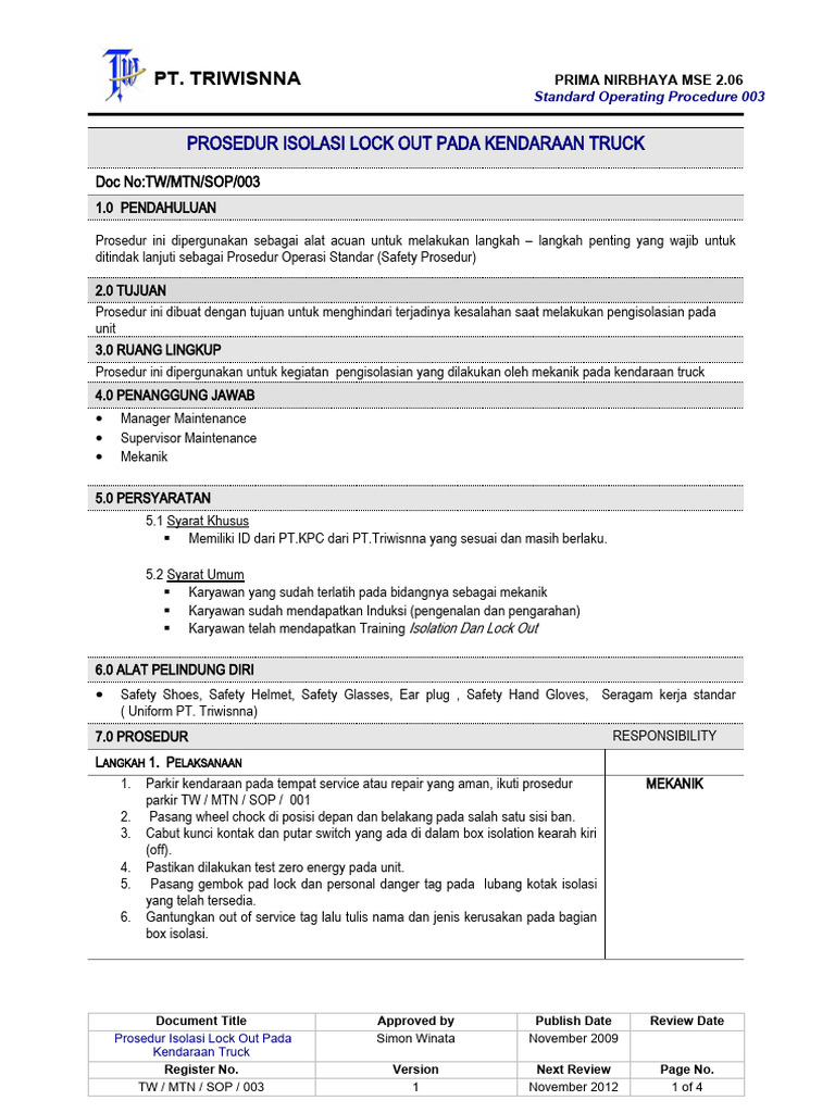 SOP 003 Prosedur Isolasi Lock Out Pada Kendaraan Truck | PDF