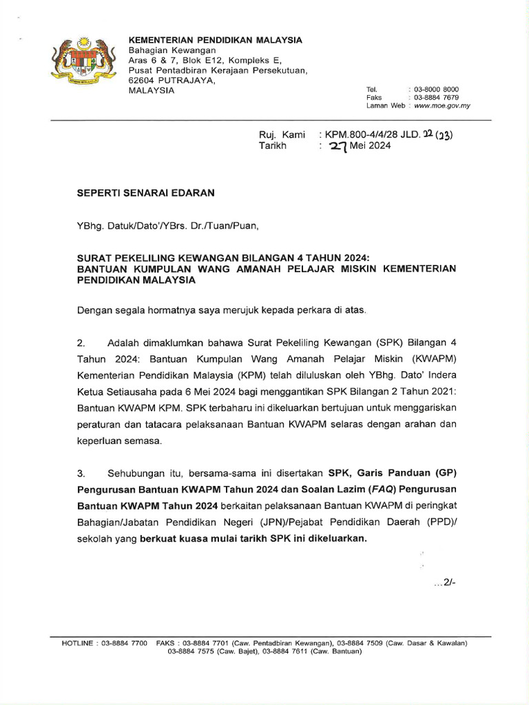 Surat Pekeliling Kewangan Bilangan 4 Tahun 2024 Bantuan Kumpulan Wang ...