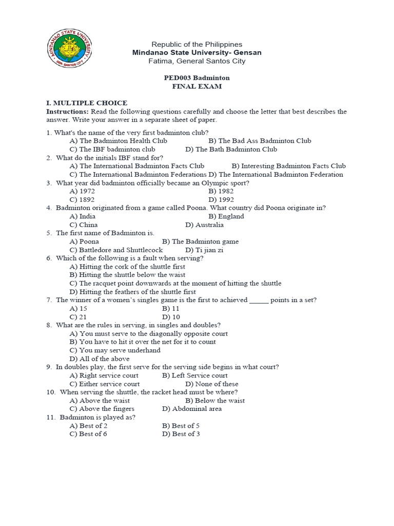 FINAL EXAM BADMINTON | PDF | Sports | Indoor Sports