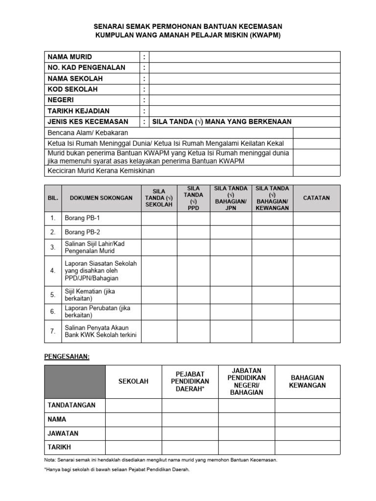 Senarai Semak Permohonan Bantuan Kecemasan Kwapm | PDF