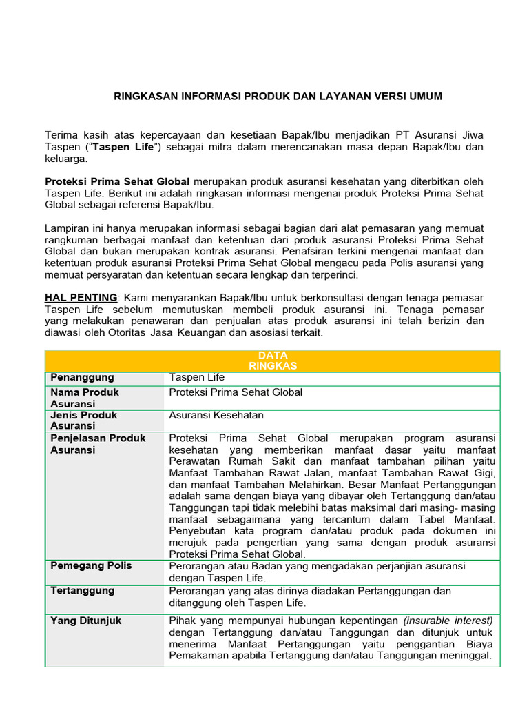 Proteksi Prima Sehat Global: Asuransi Kesehatan Taspen Life | PDF