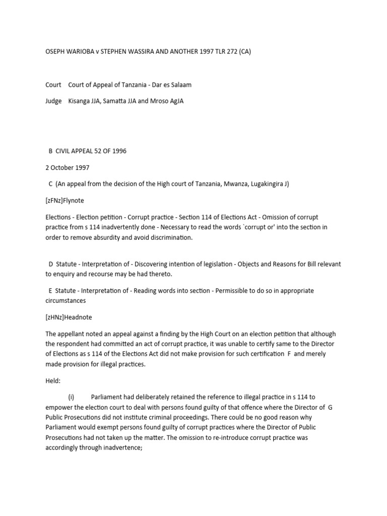 OSEPH WARIOBA V STEPHEN WASSIRA AND ANOTHER 1997 TLR 272 | PDF ...