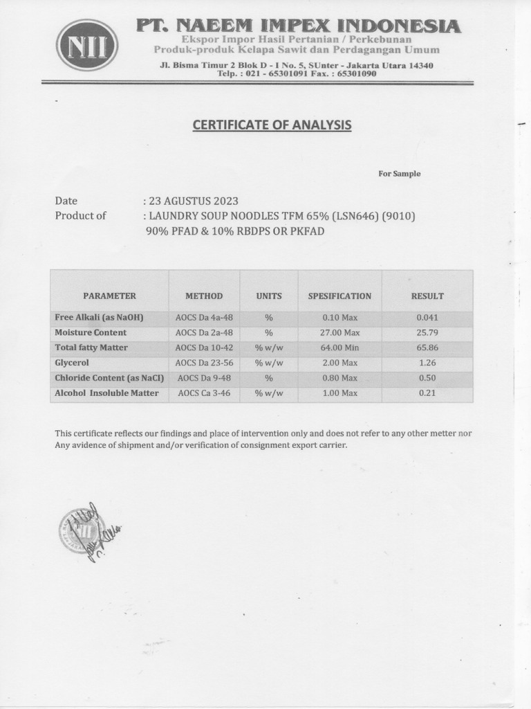 Certificate of Analysis 65w0 | PDF