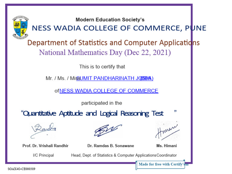 Certificate For SUMIT PANDHARINATH JOSHI For Information For ...