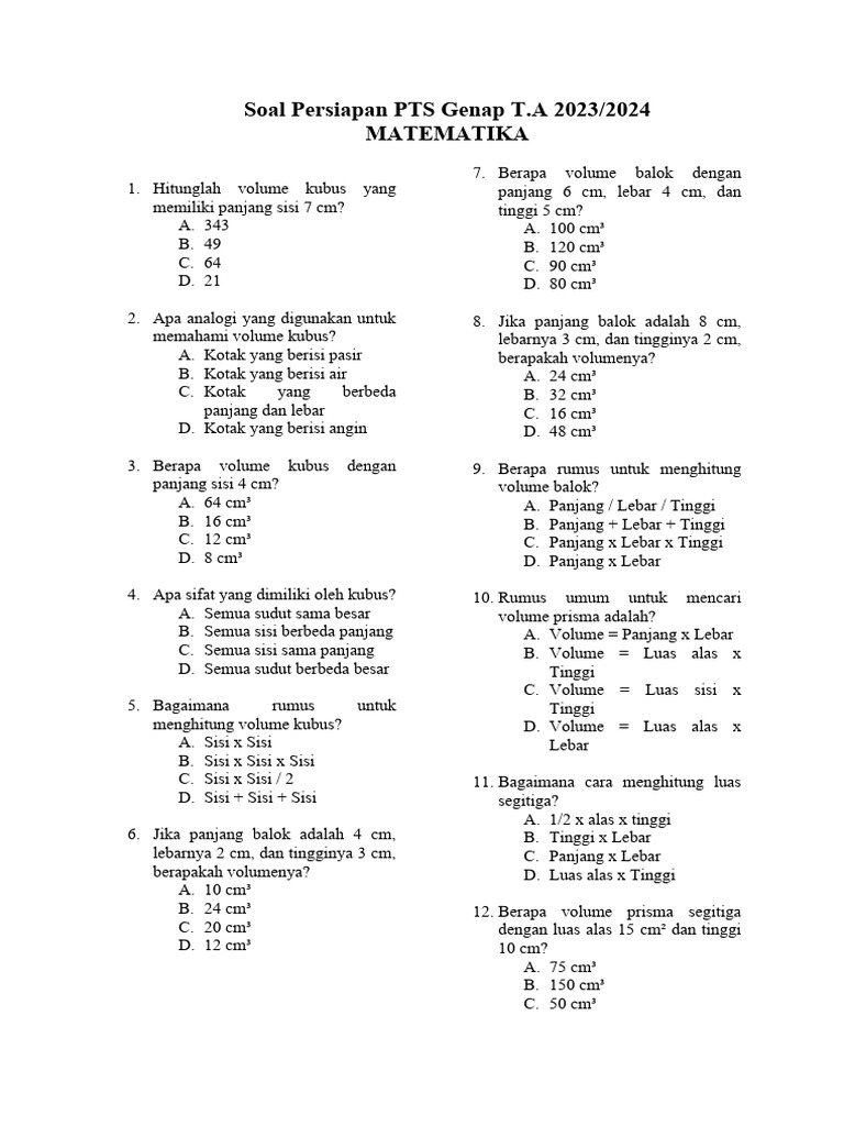 Soal Persiapan PTS MTK Alya | PDF