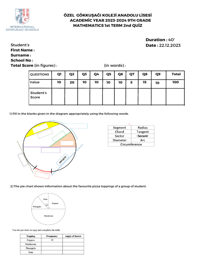 9th Grade Math Quiz - Term 1 2023-2024 | PDF | Euclidean Plane Geometry