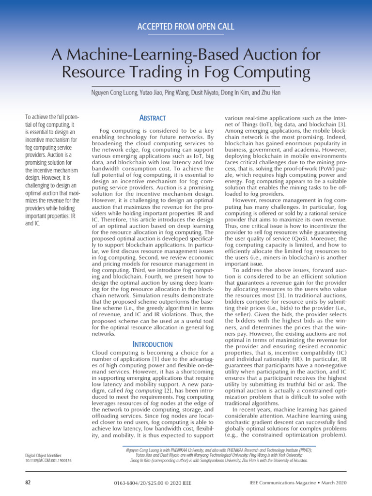 A Machine-Learning-Based Auction For Resource Trading in Fog Computing | PDF | Auction ...
