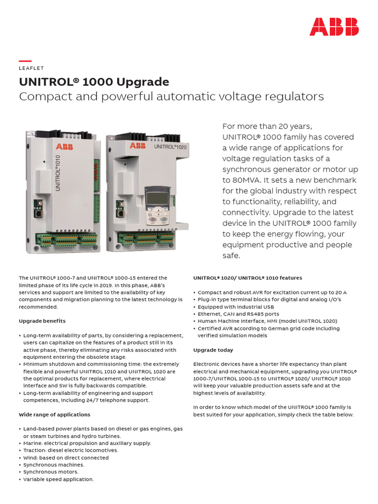 ABB - UNITROL - 1000 Upgrade - Leaflet | PDF | Engines | Basic