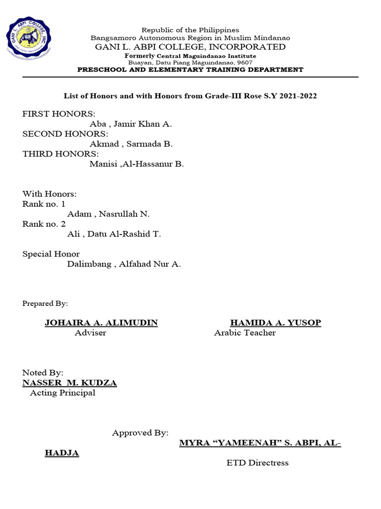 Honors List for Grade-III 2021-2022 | PDF