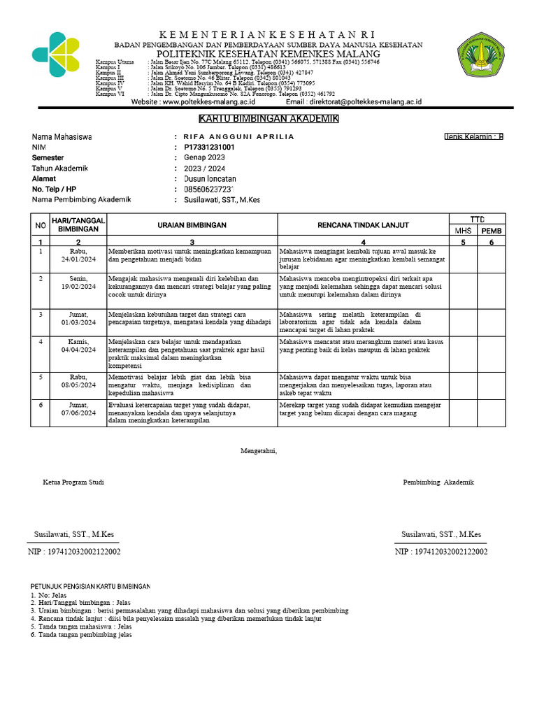 Contoh Kartu Bimbingan Akademik | PDF